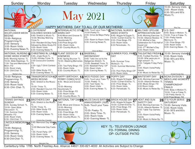 May Activities Calendar